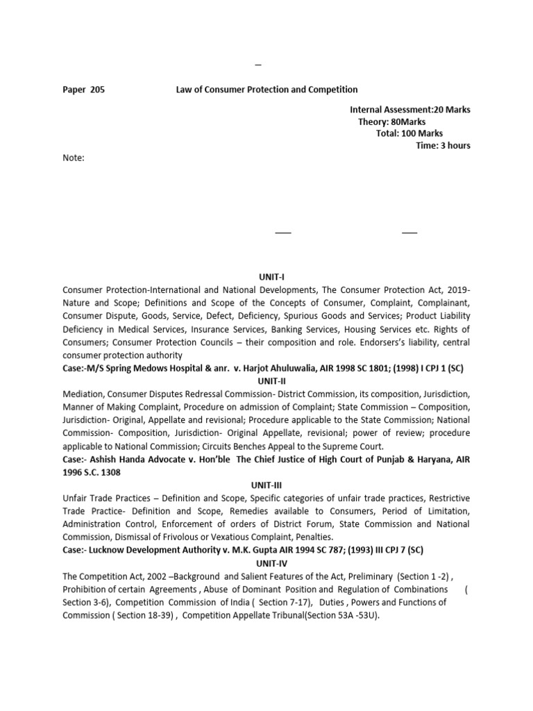 Syllabus of 205 BA - LLB | PDF | Consumer Protection | Common Law