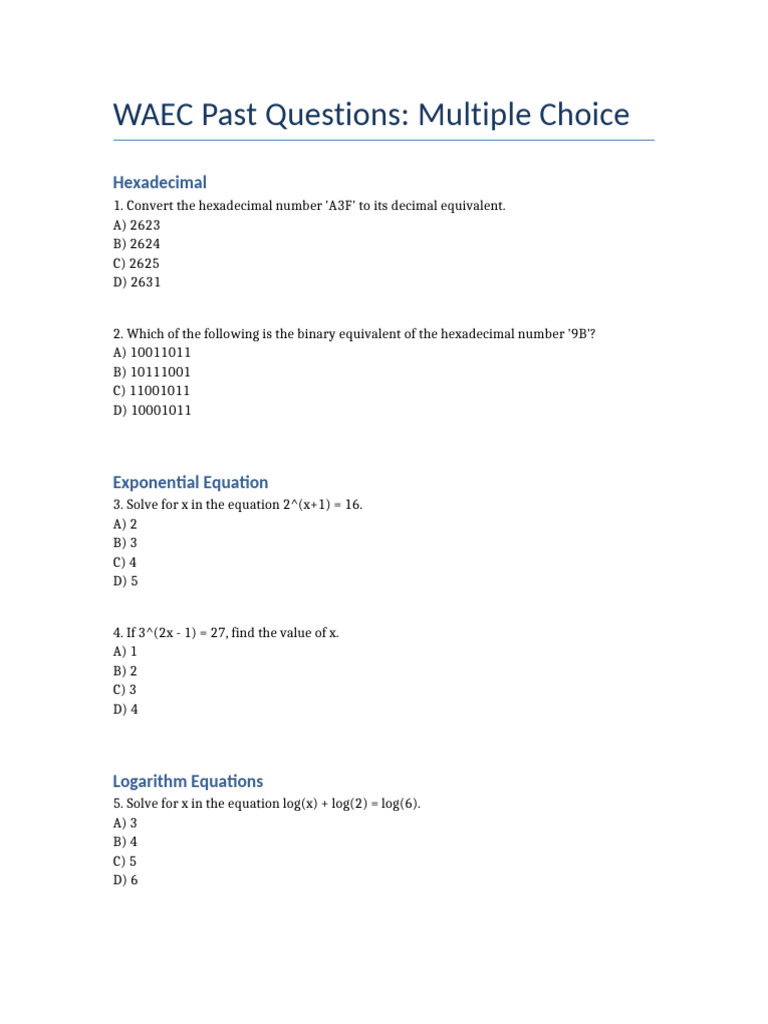 WAEC Math Multiple Choice Questions | PDF