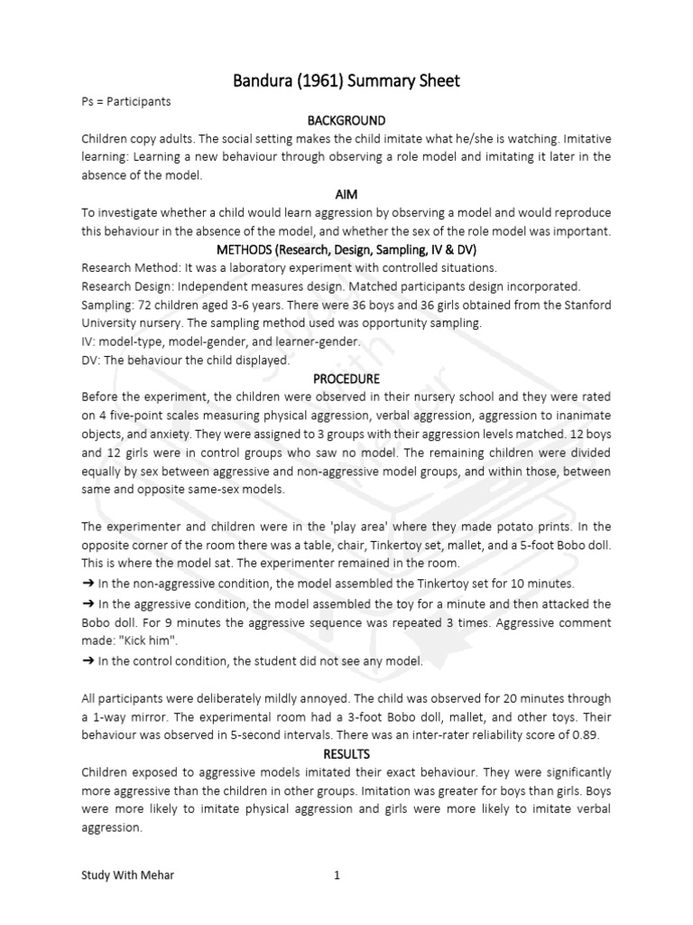 Bandura's 1961 Aggression Study Summary | PDF | Psychology ...