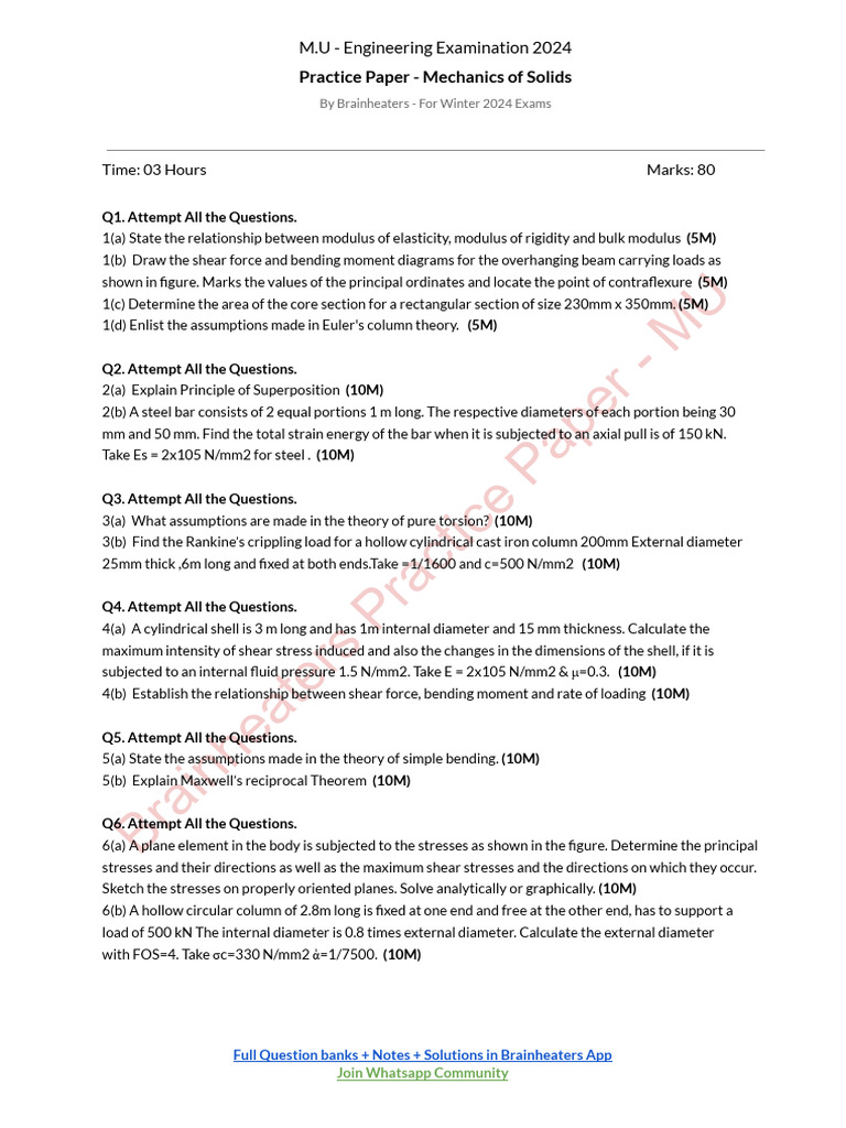 MOS Sem3 Civil Practice Paper | PDF | Bending | Young's Modulus