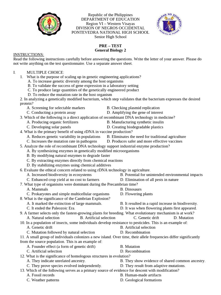 SECOND SEM General Bio 2 Pre Test Without Answer Key | PDF | Evolution ...