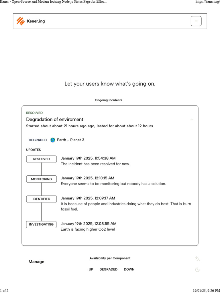 Kener - Open-Source and Modern Looking Node - Js Status Page For Effortless Incident Management ...