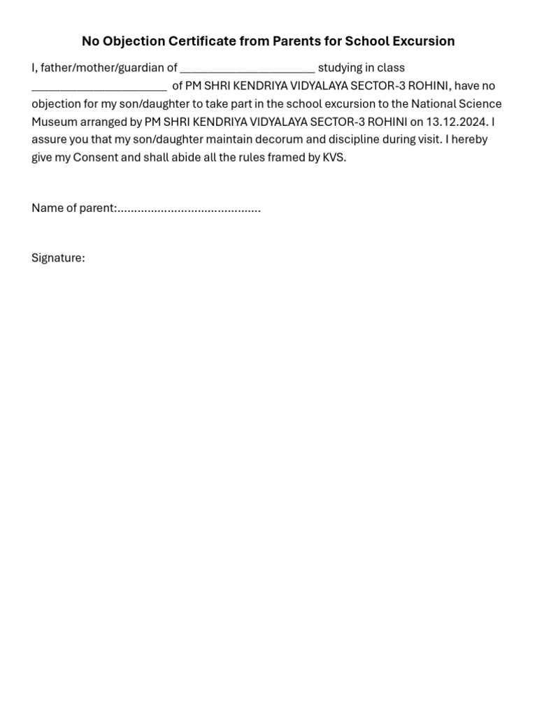 No Objection Certificate From Parents For School Excursion | PDF