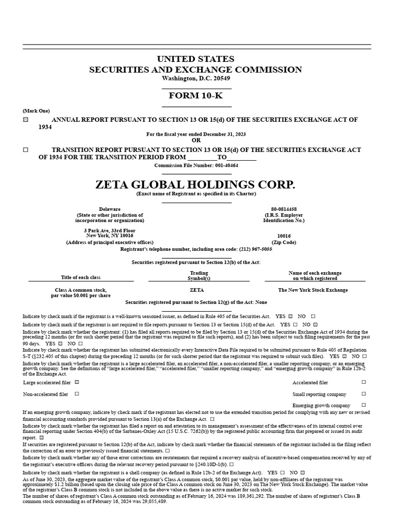 $ZETA 10-K 2024 | PDF | Form 10 K | Stocks