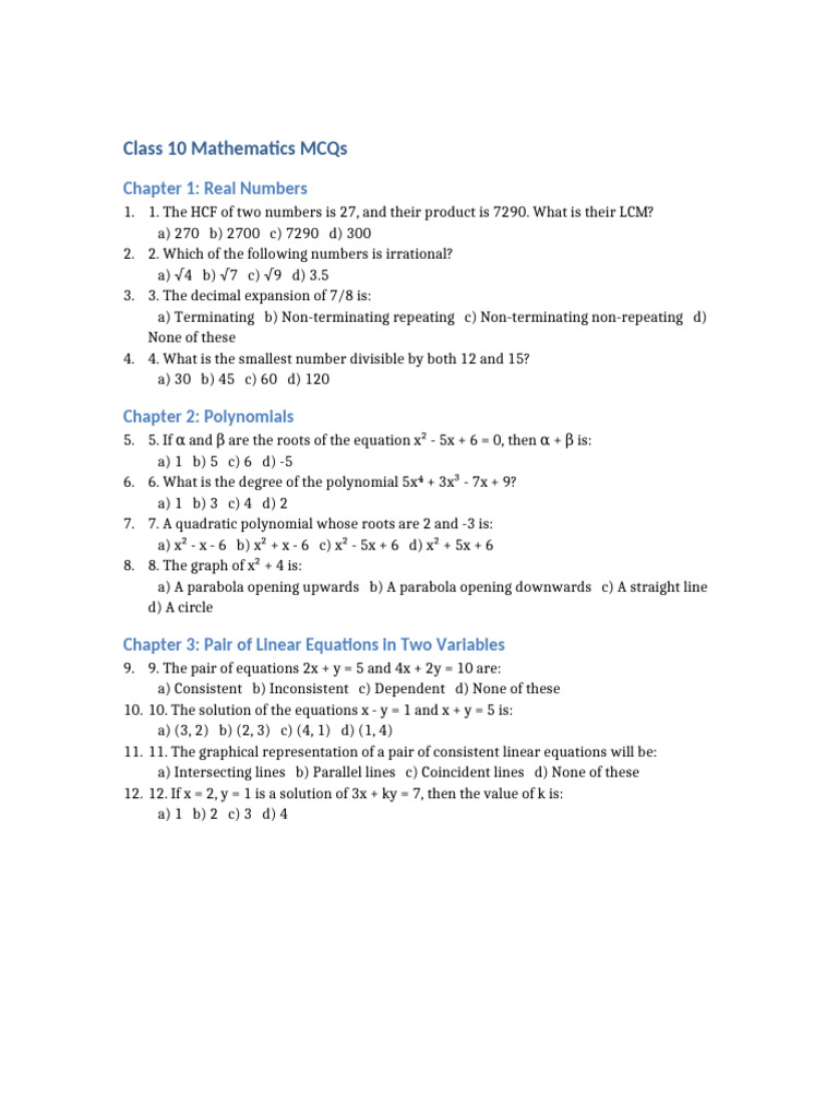 Class 10 Mathematics MCQs | PDF