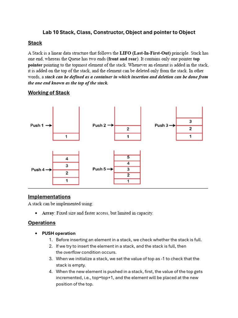 Lab 10 Stack Class Constructor Object Pointer Pdf Formal