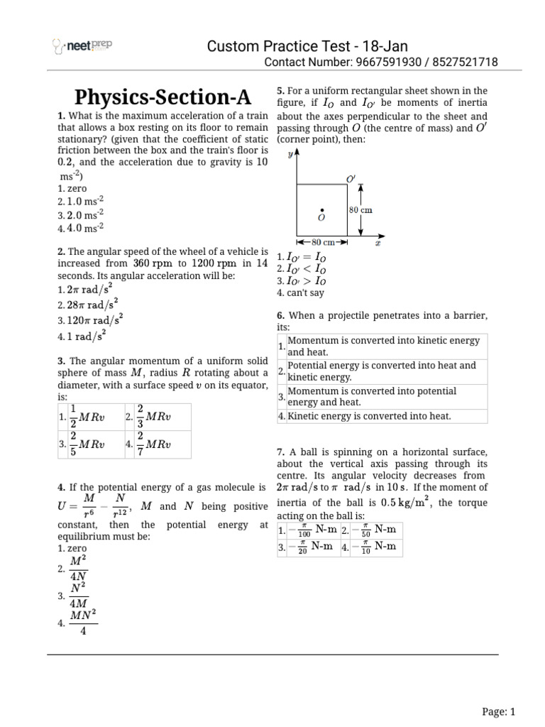 Custom Practice Test - 18-Jan | PDF | Force | Chemical Equilibrium