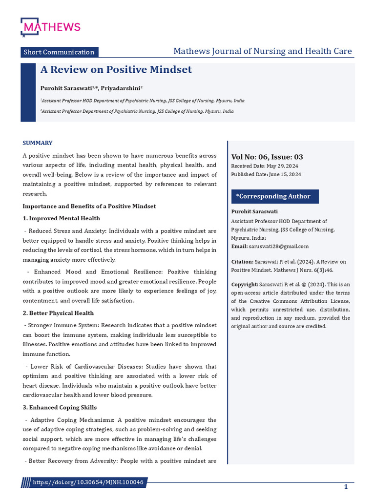 A Review On Positive Mindset | PDF | Optimism | Psychological Resilience