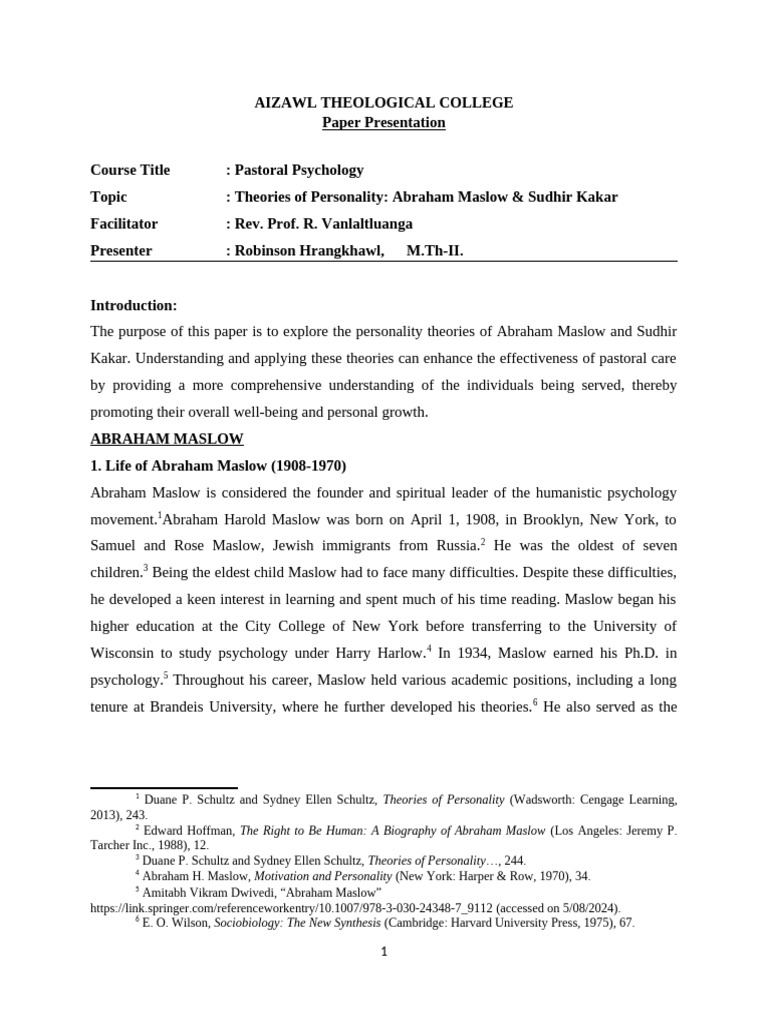 Maslow and Sudhir Kakar | PDF | Self Esteem | Psychoanalysis