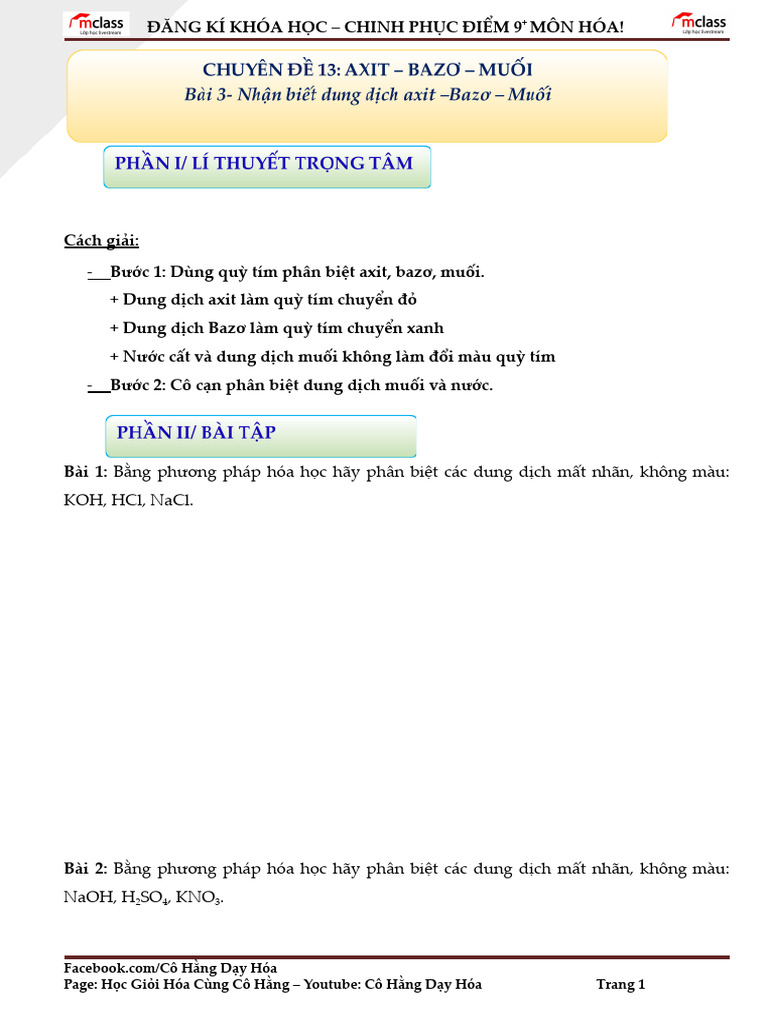 Bài 3- Nhận Biết Dung Dịch Axit -Bazo - Muối | PDF