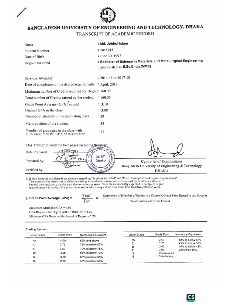 Undergraduate Academic Transcript of MD Johirul Islam From BUET | PDF