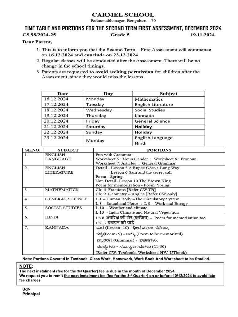 Grade 5 December Test Time Table | PDF | Syntax | Grammar