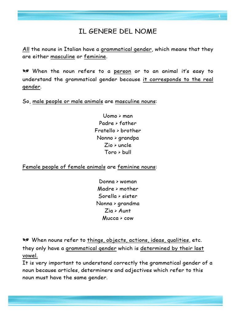 Italian Noun Gender Guide | PDF | Grammatical Gender | Noun