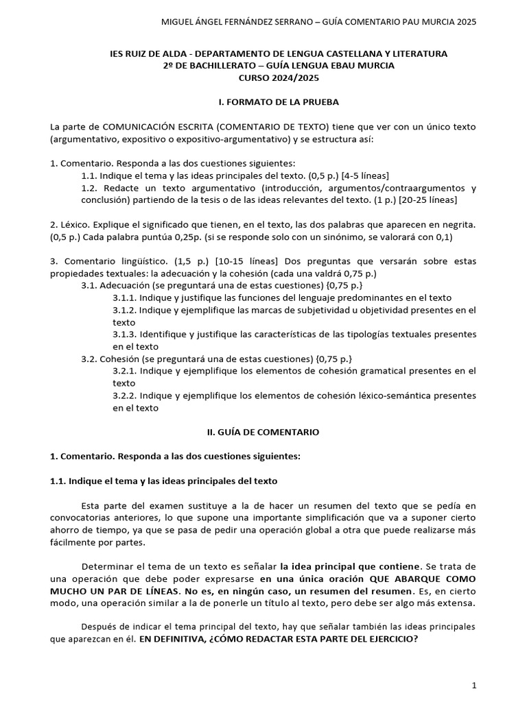 Ob2 - Curso 24-25 - Guía de Comentario Pau 2025 Murcia | PDF | Verbo | Pronombre