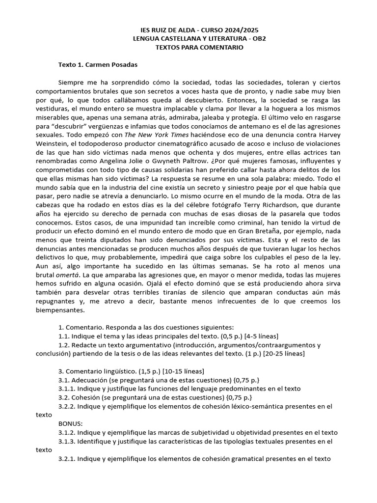 Ob2 - Textos para Comentario 1 A 12 - Curso 2024-2025 | PDF | Espectro autista | Prostitución
