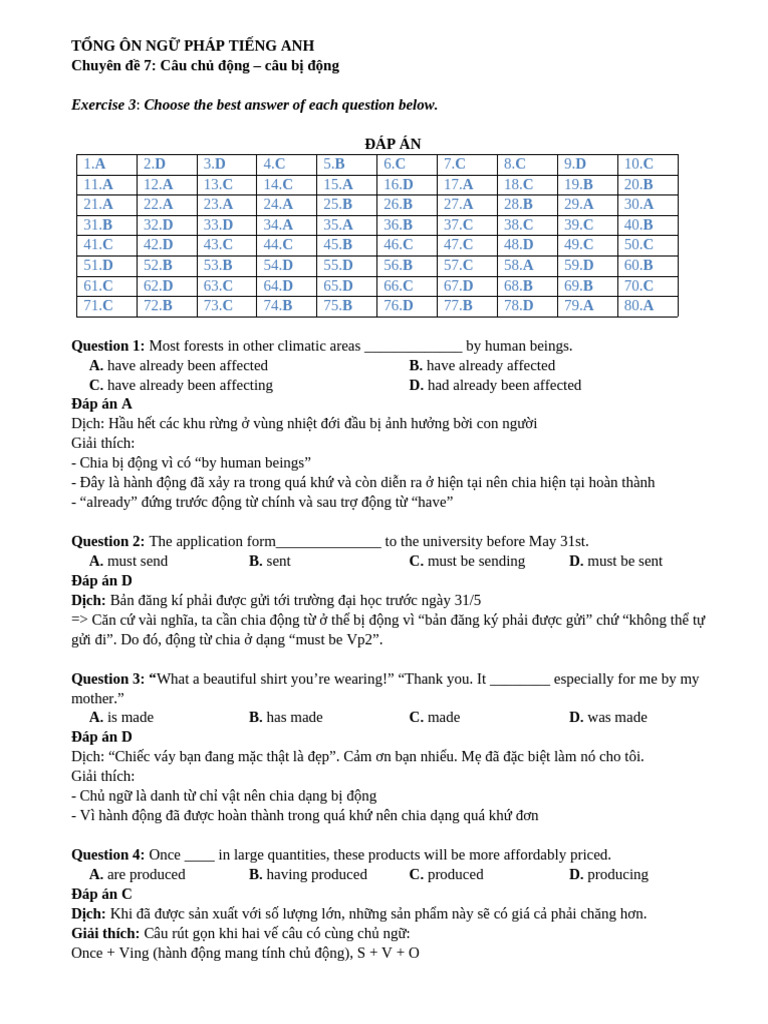 Đáp án Tổng ôn ngữ pháp tiếng anh CD7 Exercise 3 | PDF