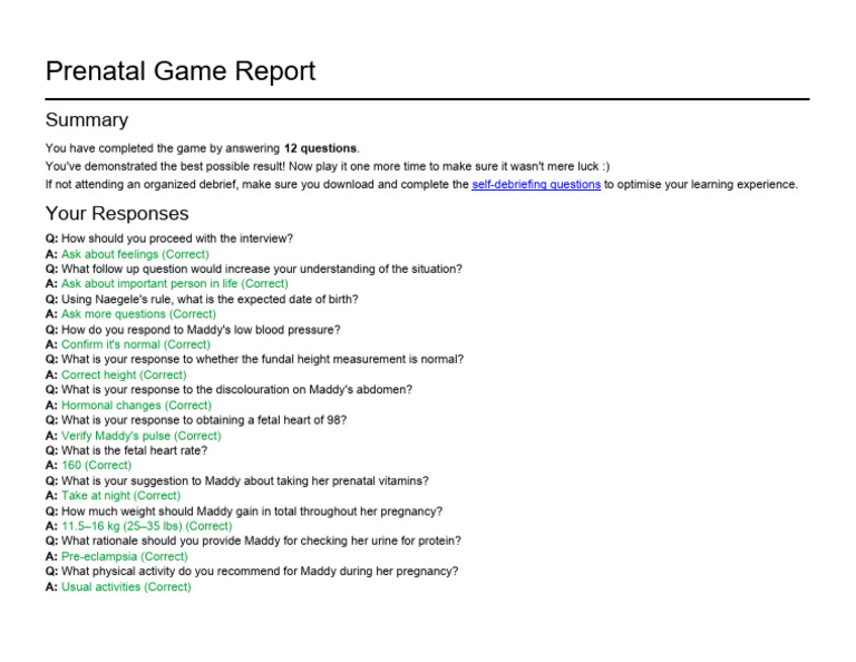 Prenatal Game Report | PDF