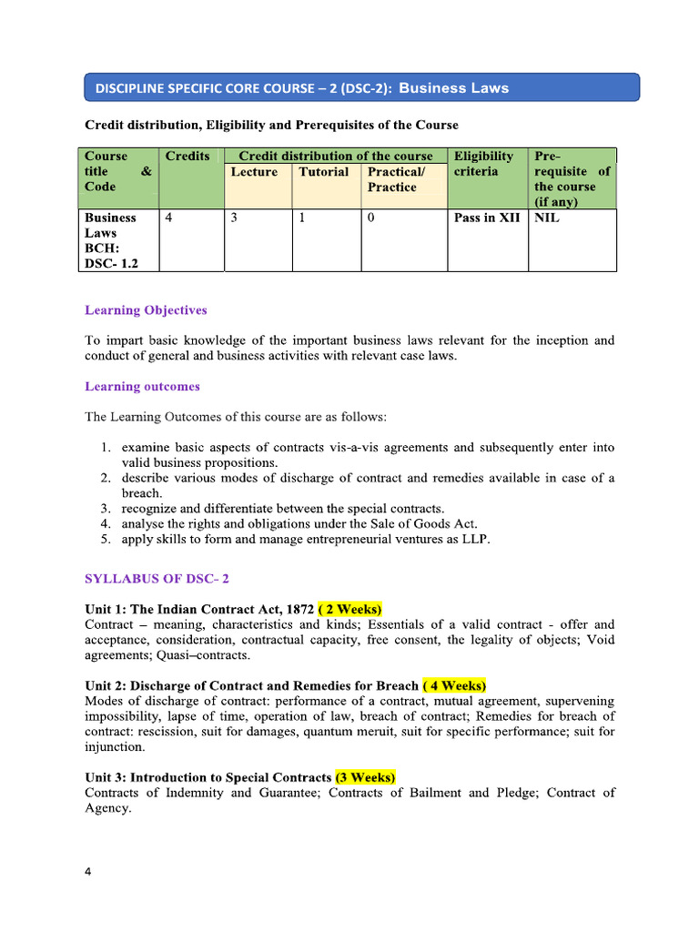 B Com Hons Business Law Syllabus | PDF