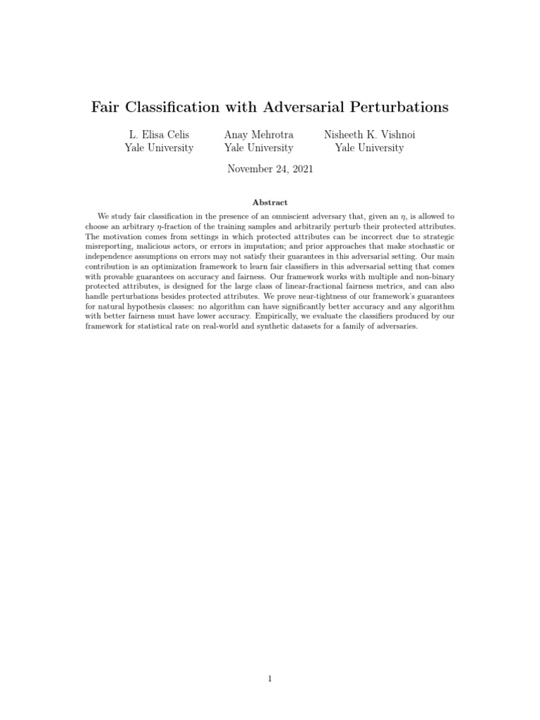 Fair Classification With Adversarial Perturbations | PDF | Statistical Classification | Accuracy ...