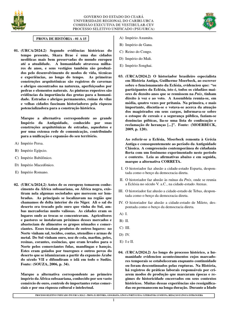 Prova de História PSU/URCA 2024.2 | PDF | Geografia | Brasil