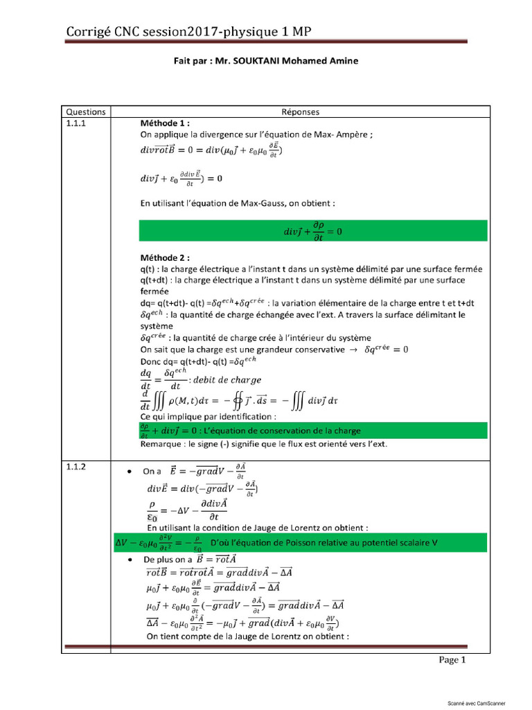 CNC MP 2017 Physique 1 Corrige | PDF