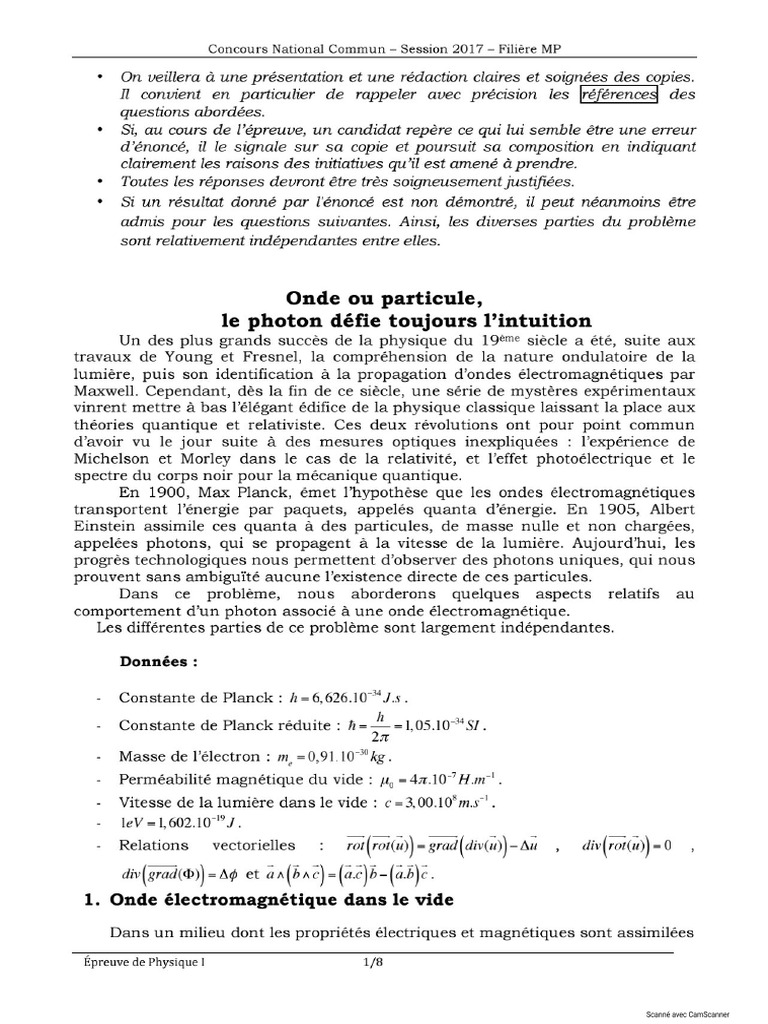 CNC MP 2017 Physique 1 Epreuve | PDF