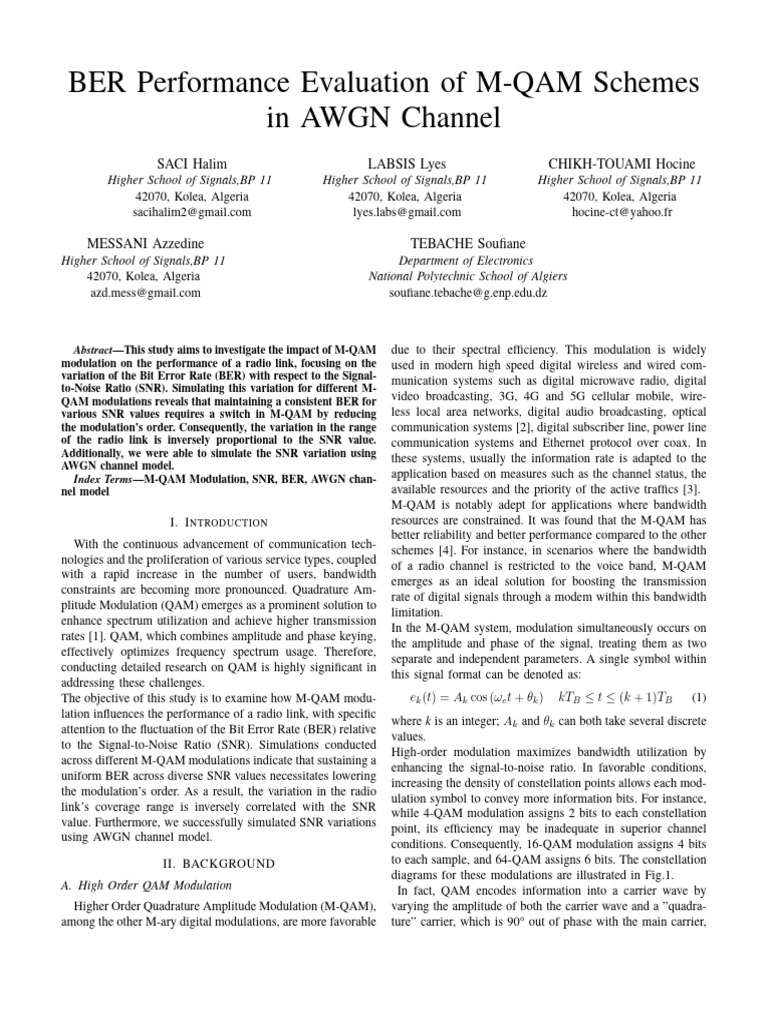 BER Performance Evaluation of M-QAM Schemes in AWGN CHANNEL | PDF ...
