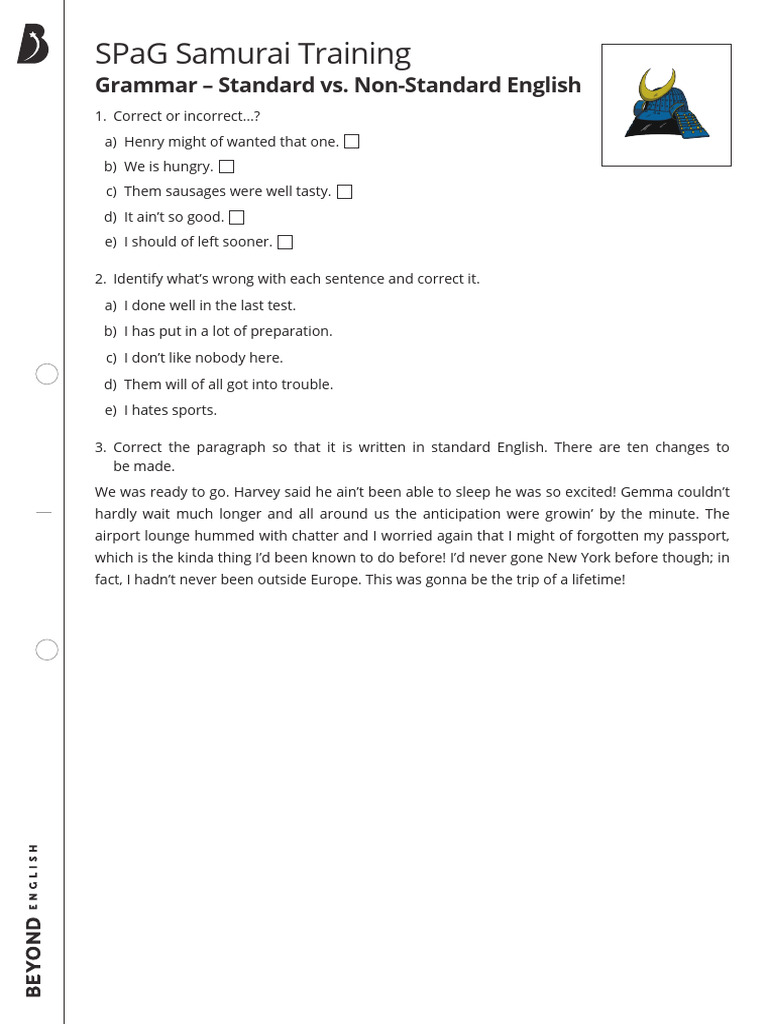 Standard vs. Non-Standard English Worksheet | PDF