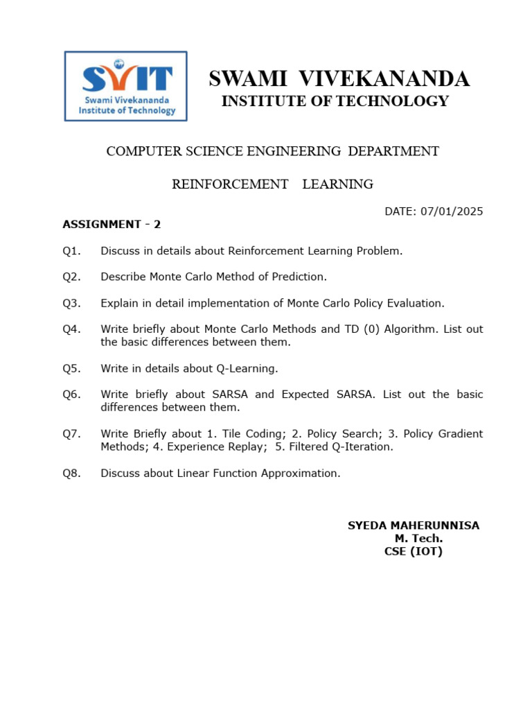 AIML - REINFORCEMENT LEARNING - Assignment 2 - JANUARY 2025 | PDF