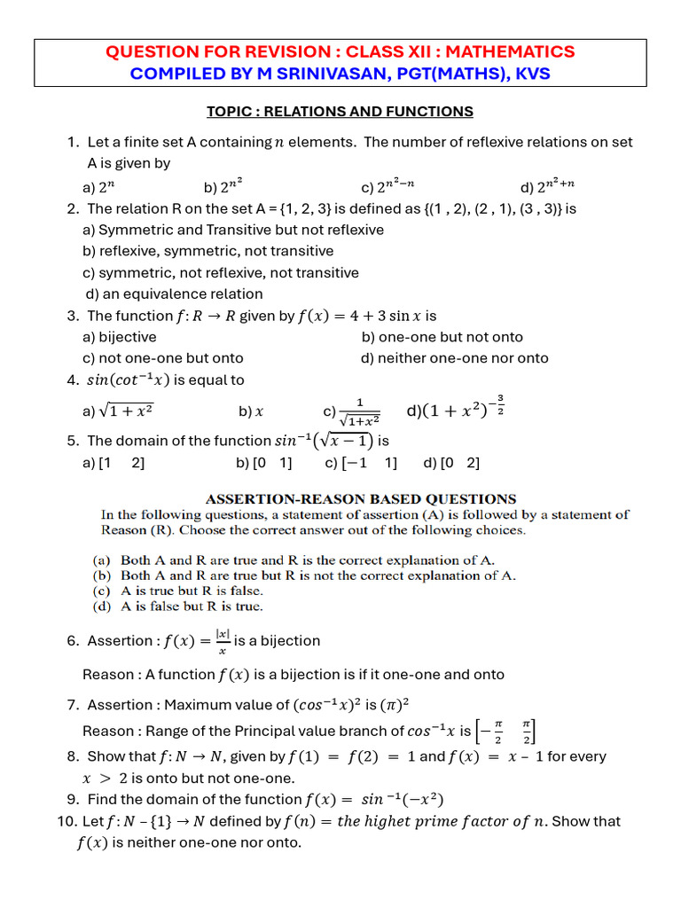 REVISION QUESTIONS_RELATIONS AND FUNCTIONS | PDF | Function ...