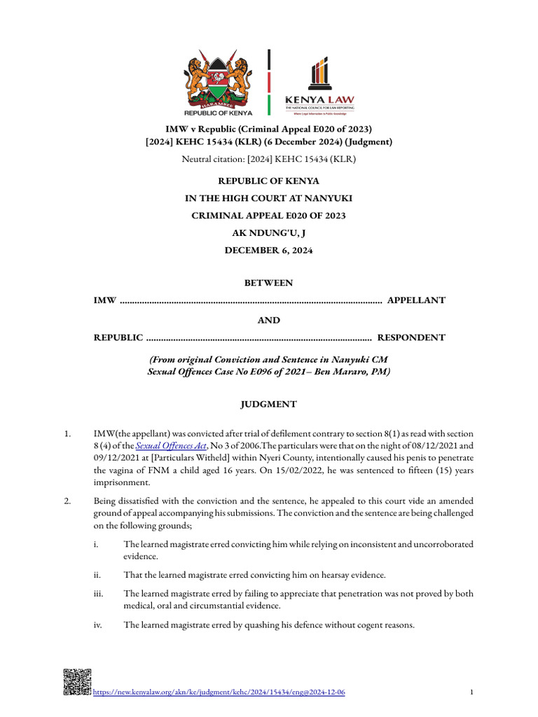 IMW V Republic (Criminal Appeal E020of2023) 2024KEHC15434 (KLR) (6december2024) (Judgment) | PDF ...