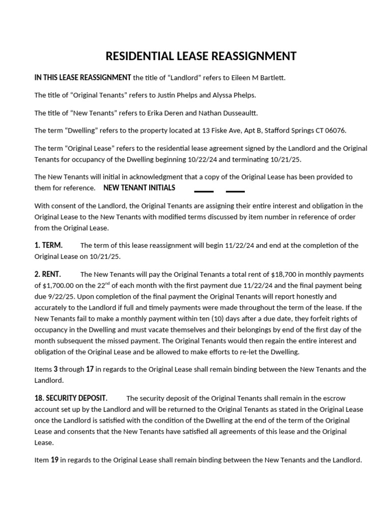 Final Residential Lease Reassignment | PDF | Lease | Leasehold Estate