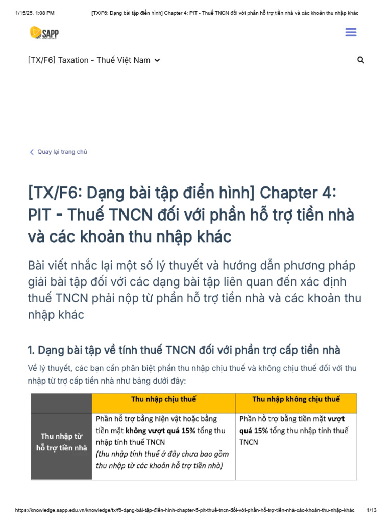 TX/F6 Dạng bài tập điển hình) 4 PIT Thuế Tncn đối với phần hỗ trợ tiền nhà và các khoản thu nhập ...