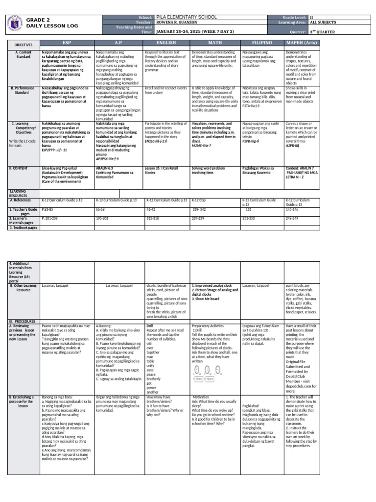 Grade 2 Daily Lesson Plan: Week 7 | PDF