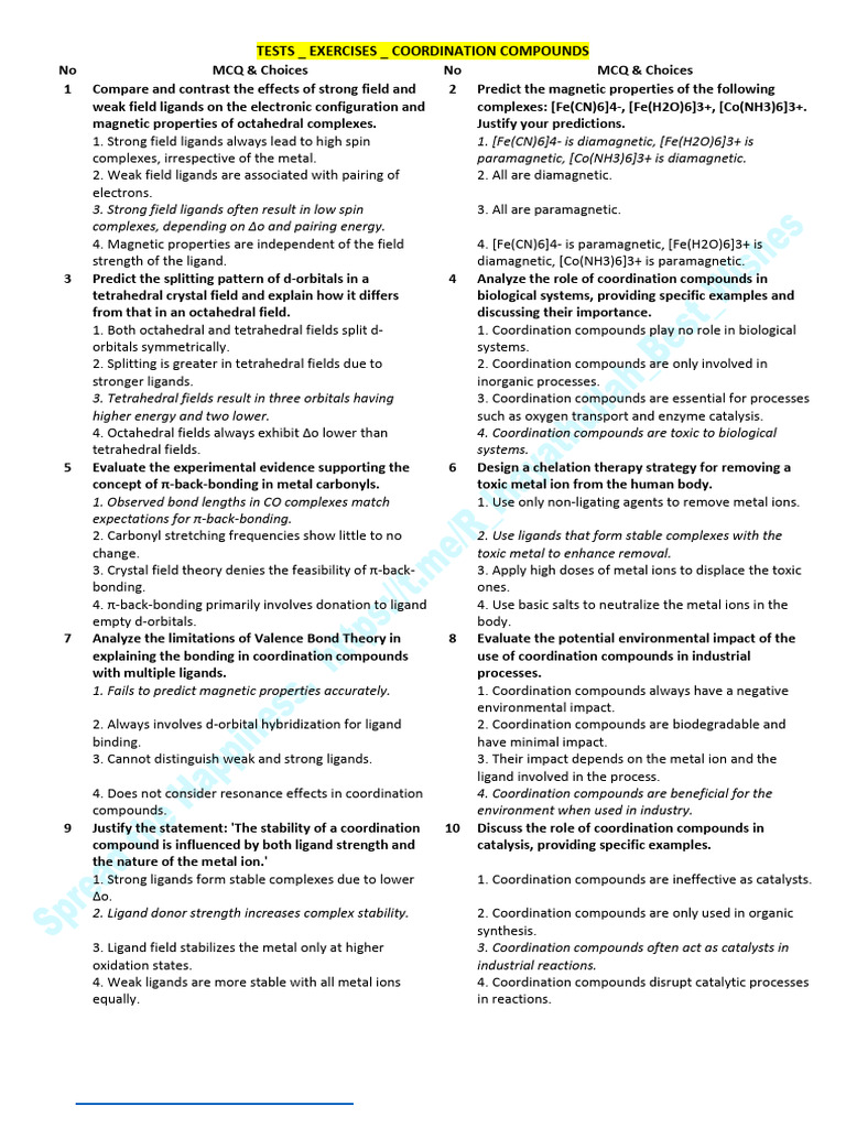 20 MCQs - Test Paper Exercises (Coordination Compounds) | PDF ...