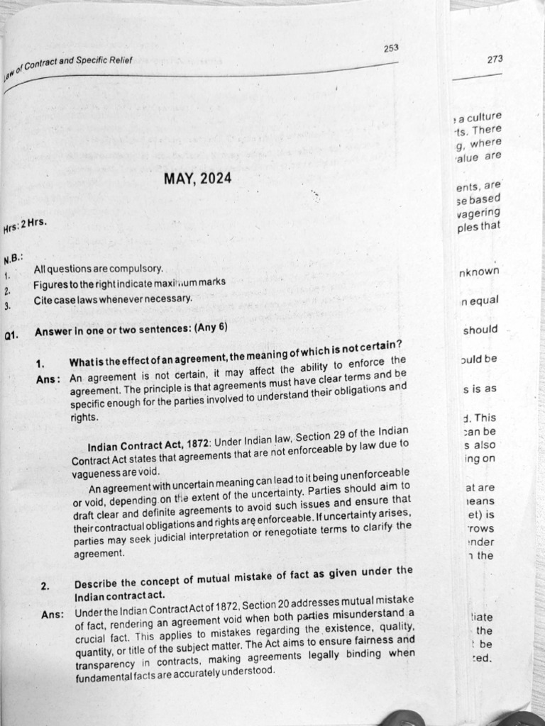 Mar 2024 Contract Questions Paper | PDF | Damages | Legal Remedy