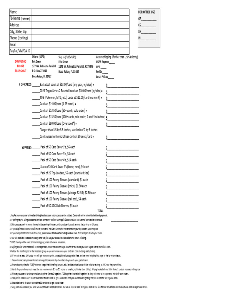 Boca Card Subs SGC Submission Form June With TCG BB S2 FILLABLE | PDF