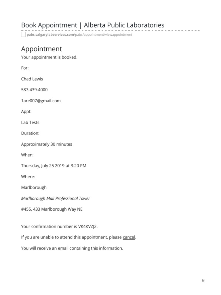 Calgary Lab Appointment Confirmation | PDF