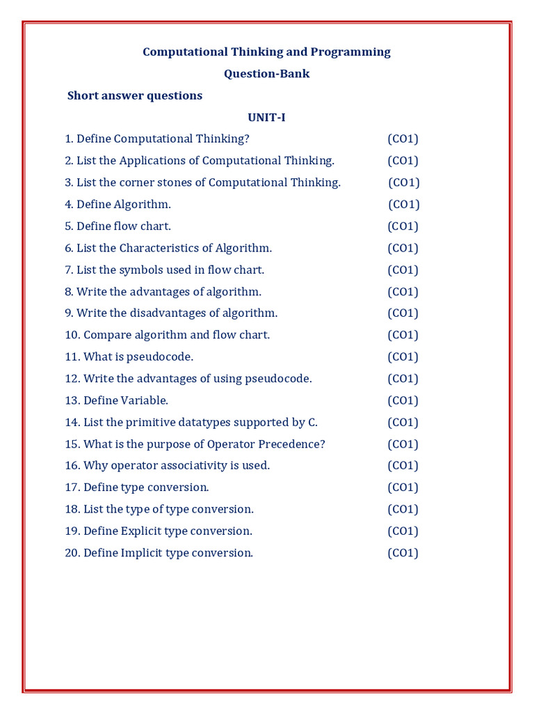 Question Bank Computational Thinking And Programming Pdf String Computer Science Pointer