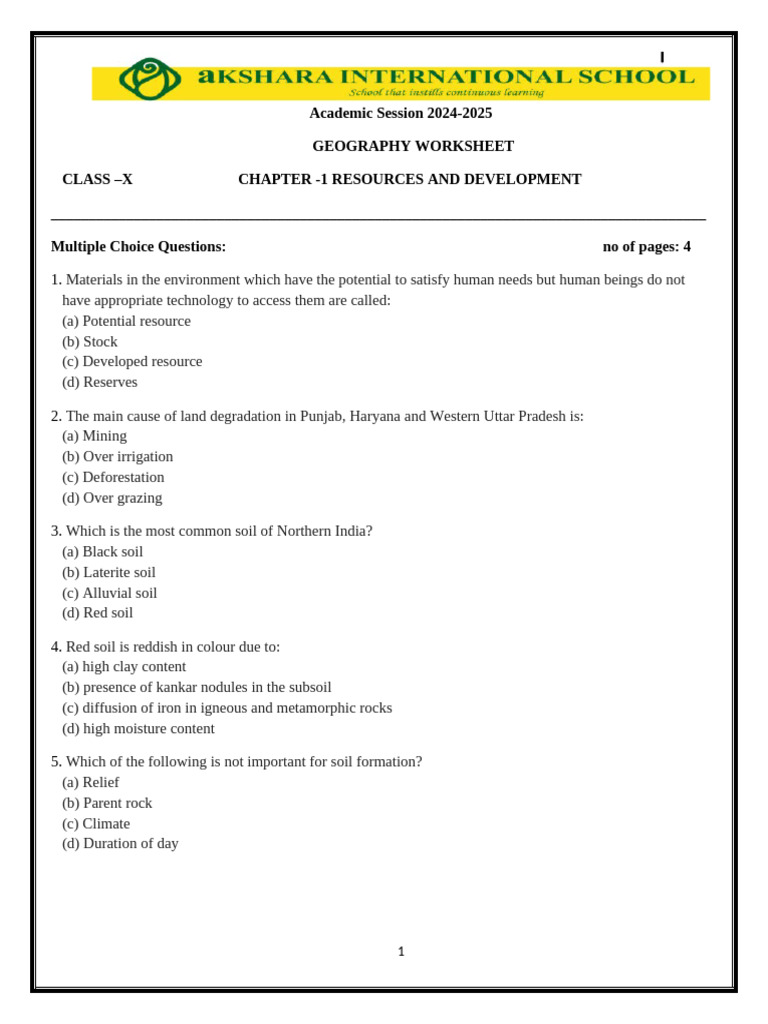 Resources and Development - Worksheet | PDF | Soil | Natural Environment