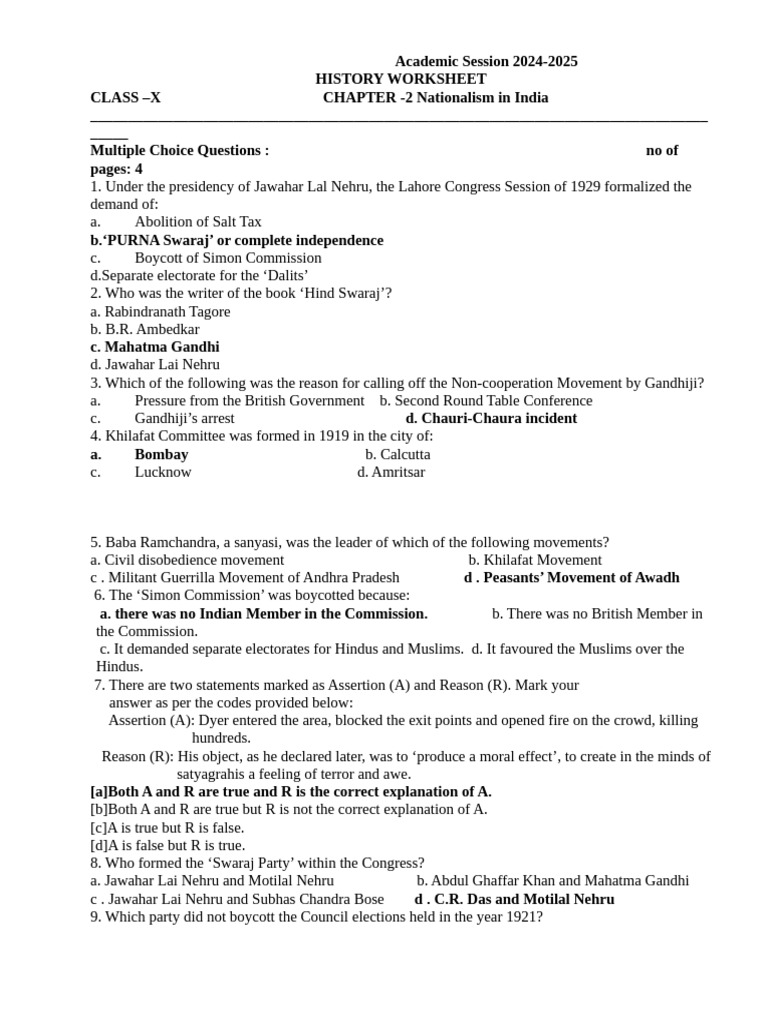 NATIONALISM IN INDIA- WORKSHEET 1 | PDF | Mahatma Gandhi | Indian ...