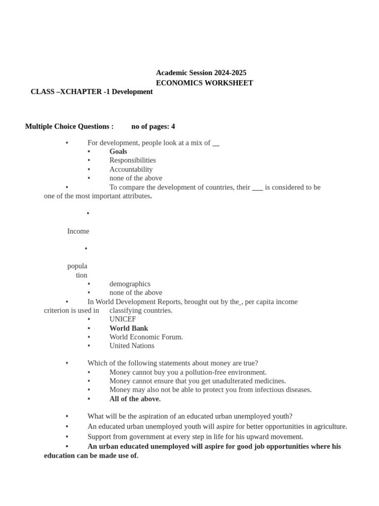 Economics Ch-1 Development Worksheet | PDF | Literacy | Human ...