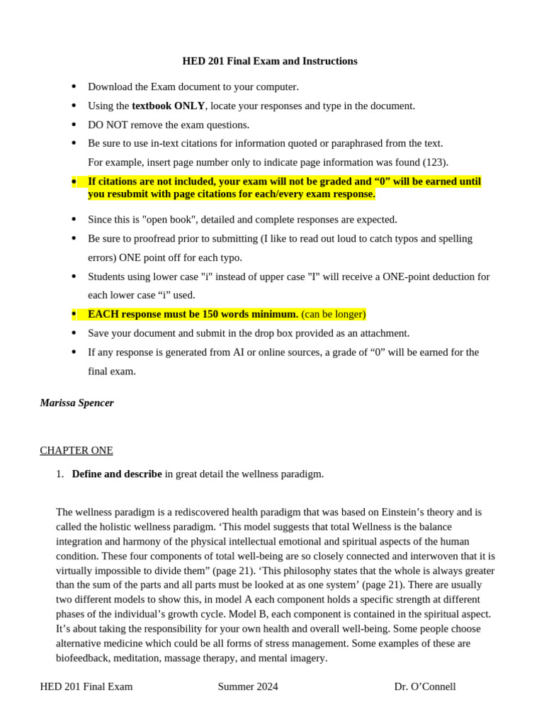 HED 201 Final Exam Instructions and Content | PDF | Stress (Biology ...