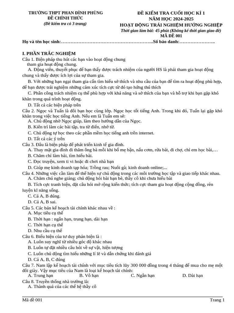 Đề Thi Cki-Hdtn 10 | PDF