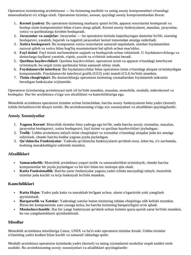 Operatsion Tizimlarning Arxitekturasi | PDF