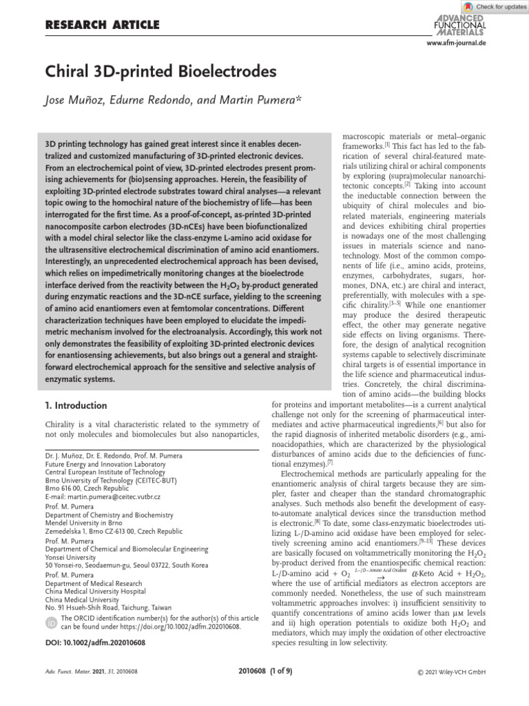 Adv Funct Materials - 2021 - Muñoz - Chiral 3D Printed Bioelectrodes | PDF | Chirality ...