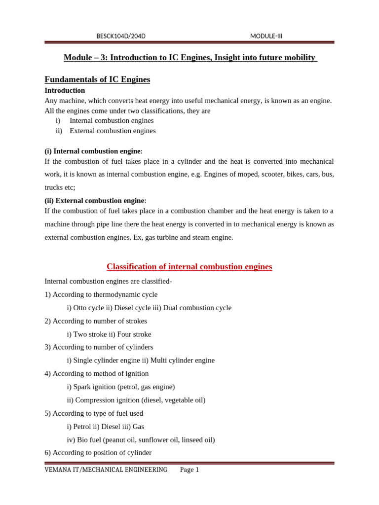 Ime Module 3 Ic Engines Notes Pdf Internal Combustion Engine
