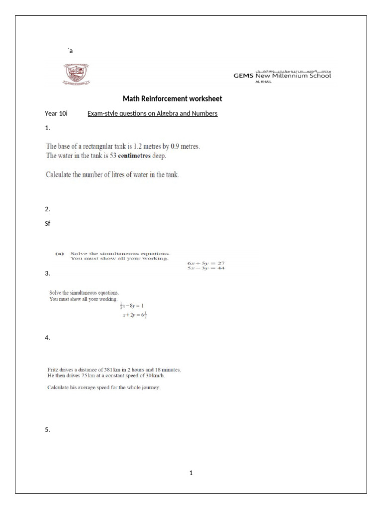 Year 10 Algebra & Numbers Worksheet | PDF