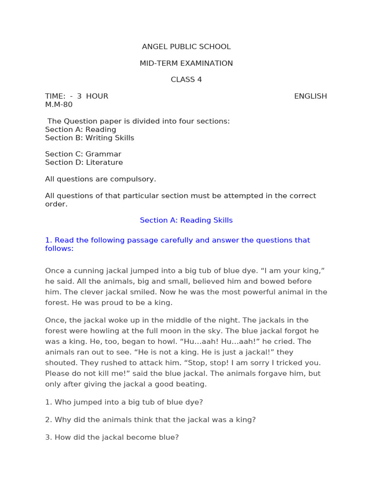 ANGEL PUBLIC SCHOOL Class 4 English Paper | PDF