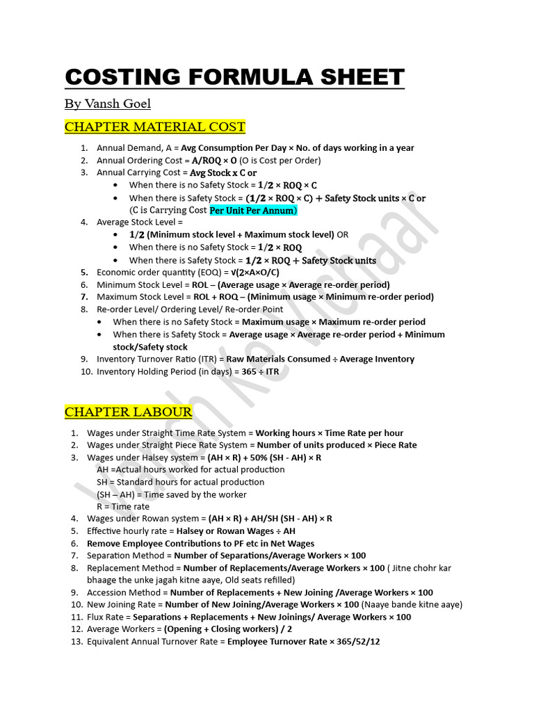 Costing Formula Sheet | PDF | Inventory | Production And Manufacturing